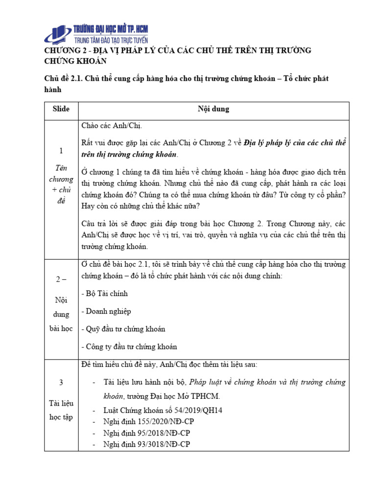 PLCKTTCK C2 CD2.1 Chuthecungcaphanghoachothitruongchungkhoan 2021 | PDF