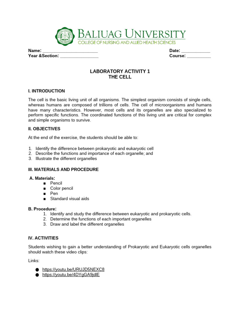 Laboratory Activity 1 The Cell | PDF