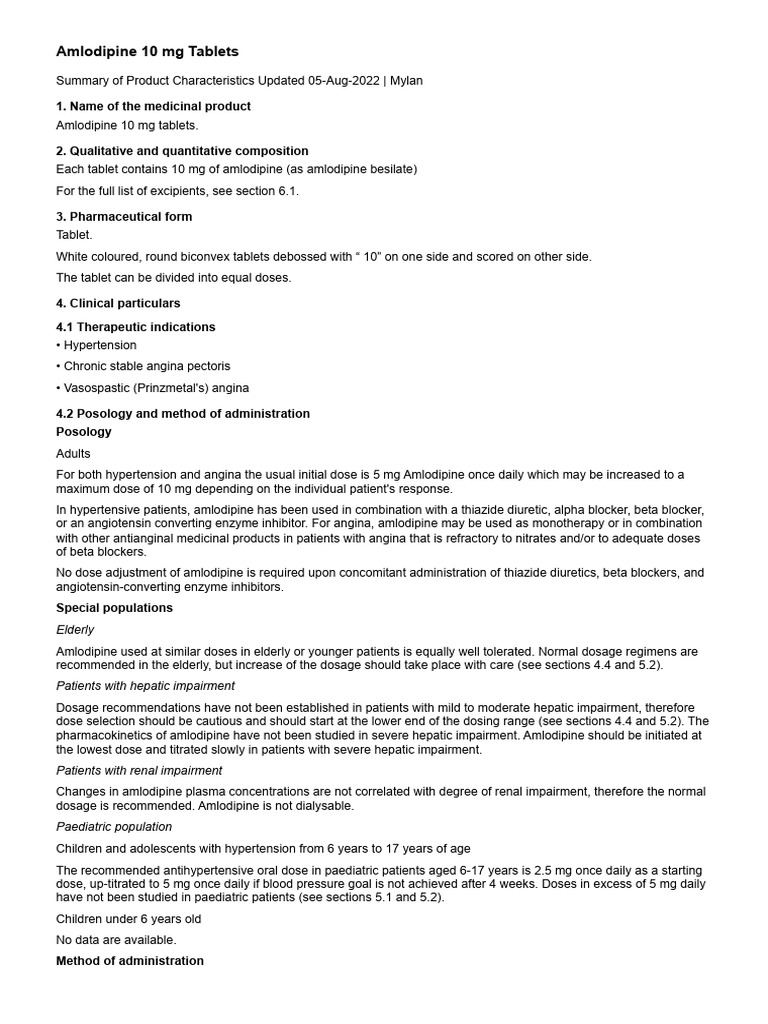 Amlodipine 10 MG Tablets - Summary of Product Characteristics (SMPC ...