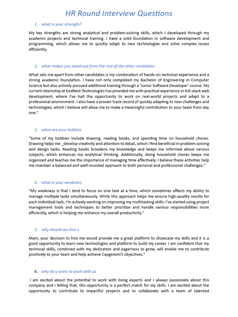 HR Round Interview Question | PDF | Mentorship | Cognitive Science