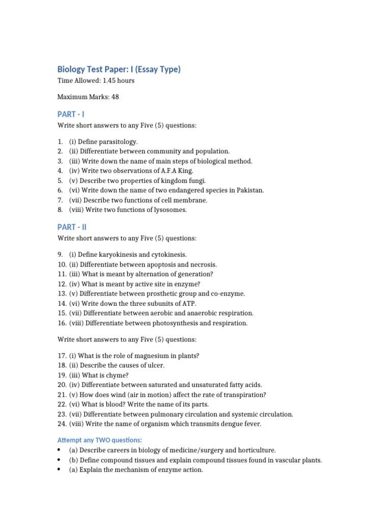 Biology Test Paper | PDF