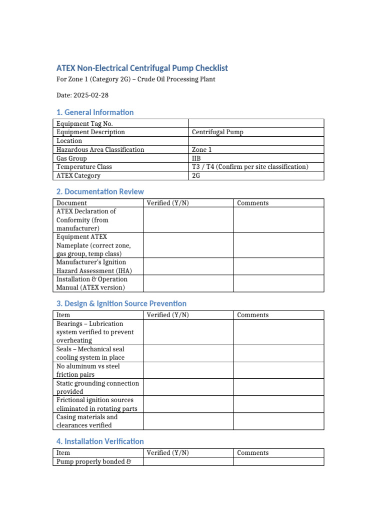 ATEX Non Electrical Pump Checklist | PDF