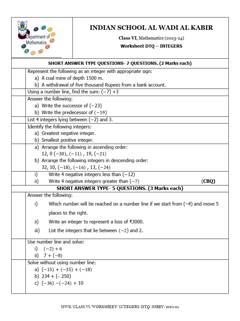 1564936-CL 6 - WS3 - Integers - DTQ - Jobby - 2023-24 | PDF | Integer | Mathematics