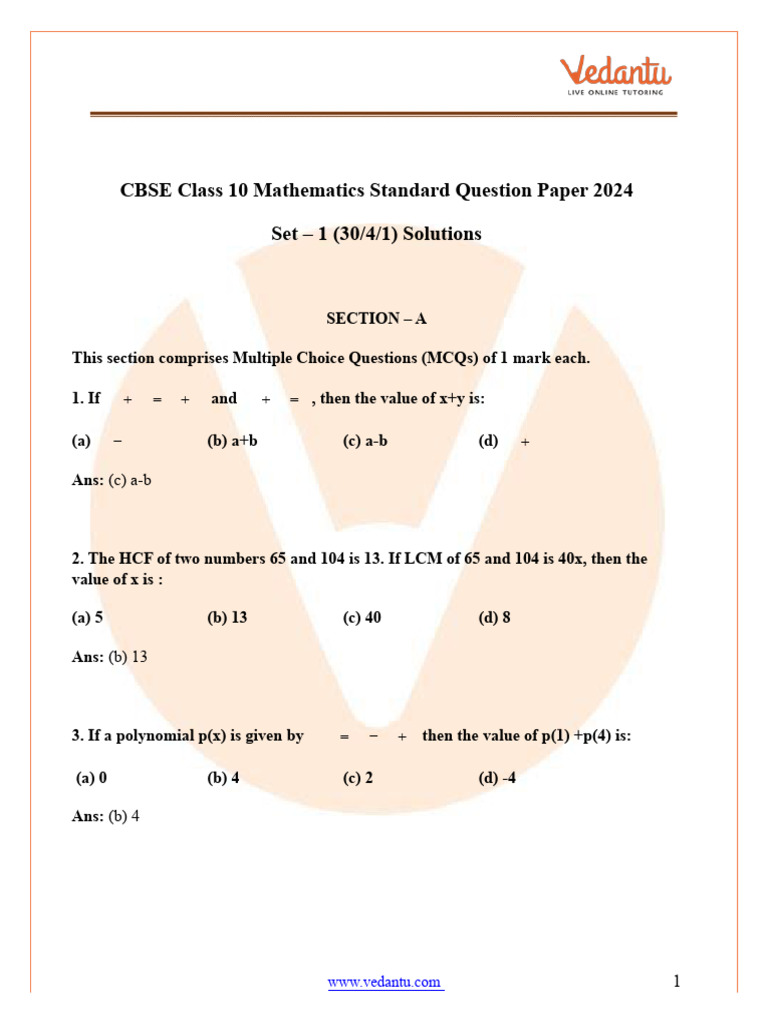 Class 10 Maths Standard Question Paper Set-1 (30!4!1) 2024 With Answers | PDF | Volume | Circle