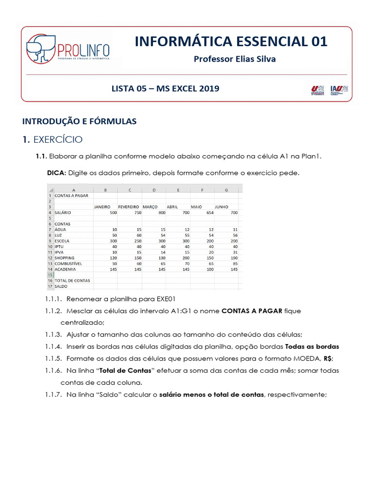Lista 05 - EXCEL 1 - Introducao e Formulas | PDF