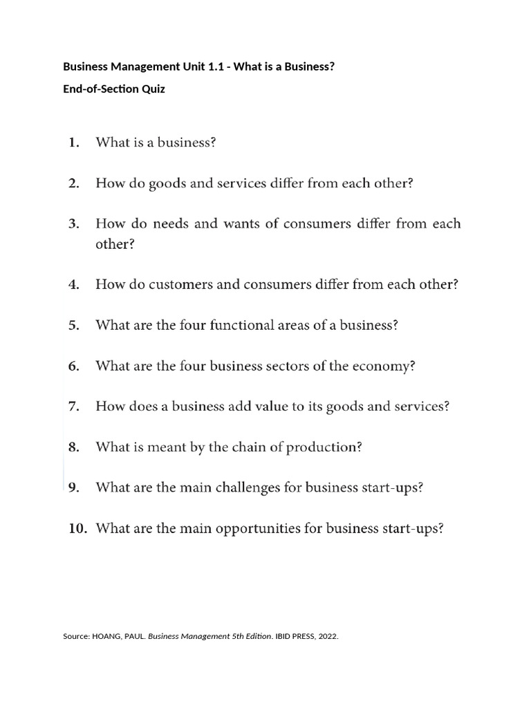 Business Management Unit 1.1 Quiz | PDF