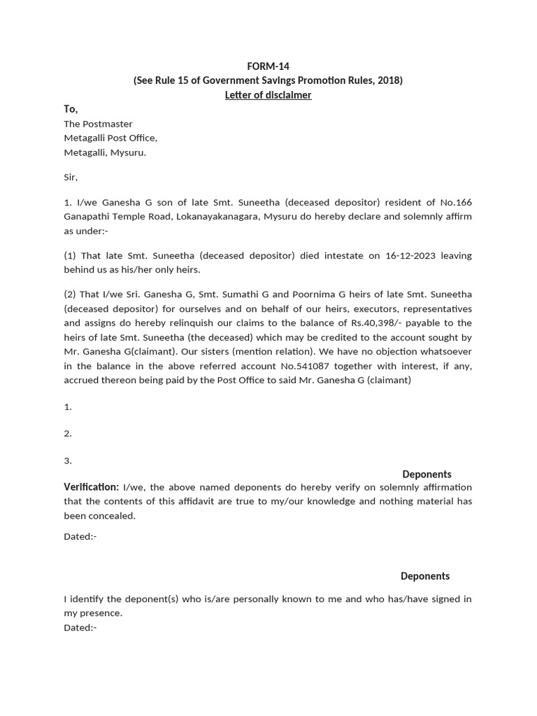 FORM-14 Letter of Disclaimer | PDF
