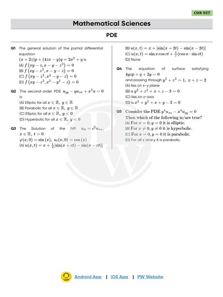 CSIR NET - Mathematical Sciences - DPP PDE | PDF | Partial Differential Equation | Mathematical ...