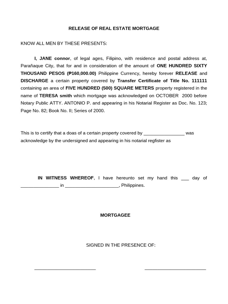 Release of Real Estate Mortgage Document | PDF