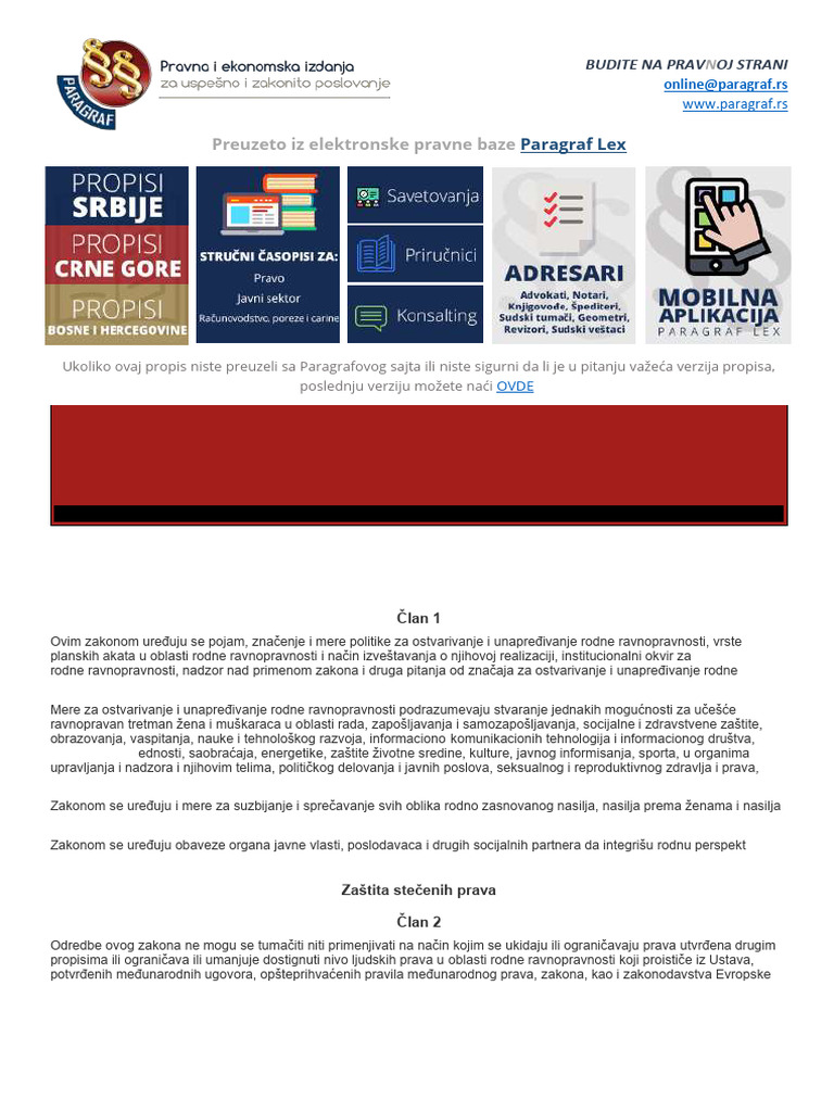 Zakon o Rodnoj Ravnopravnosti | PDF