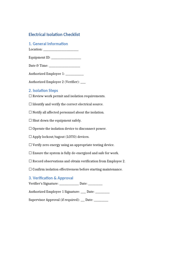Electrical Isolation Checklist | PDF