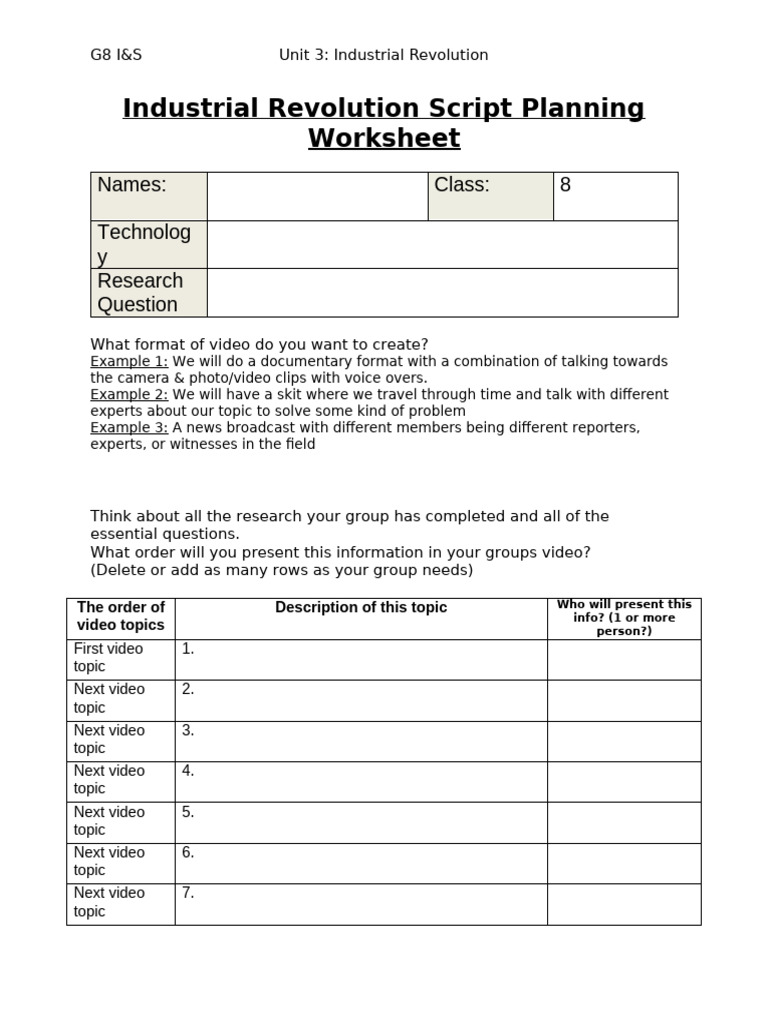 Industrial Revolution Script Planning Worksheet | PDF