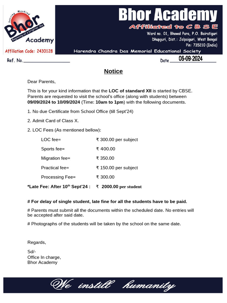 CBSE Class XII LOC Submission Notice | PDF