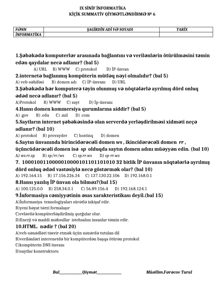 İnformatika - IX Sinif. KSQ-6 | PDF