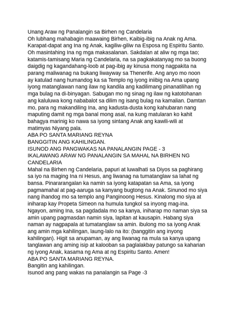 Unang Araw ng Panalangin sa Birhen ng Candelaria | PDF