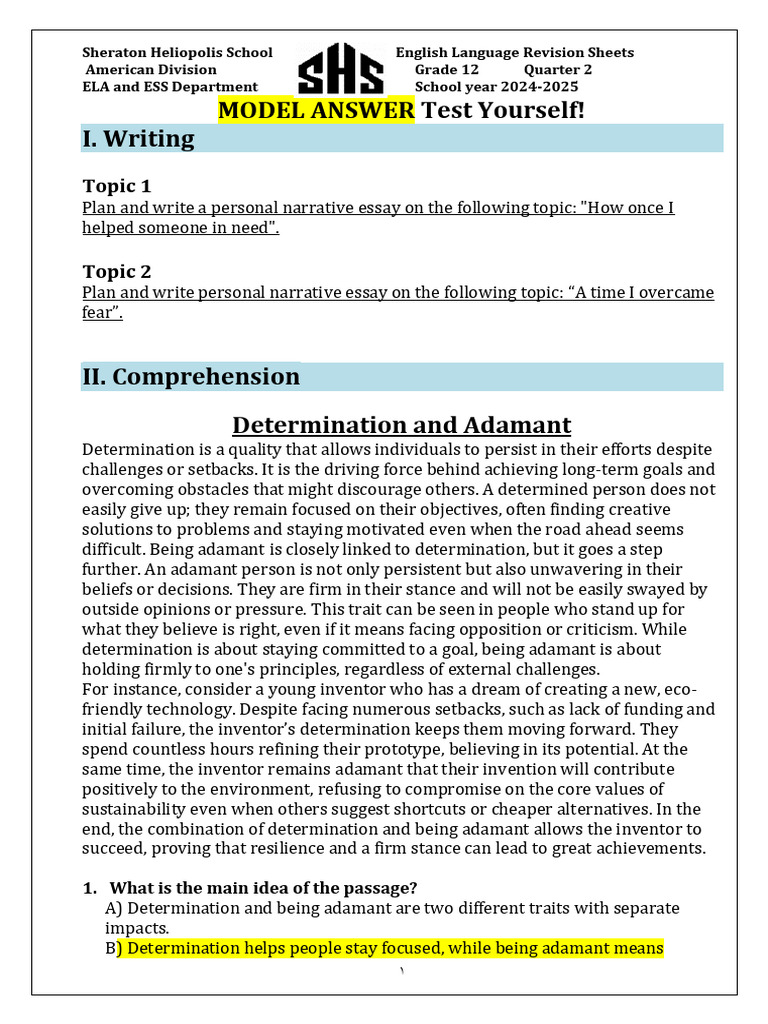 G 12 English Model Answer Revision Q 2 (2) 2 | PDF | Adverb | Penance