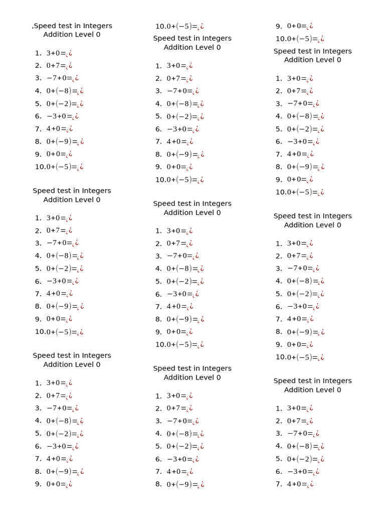 1 Addition - Speed Test in Integers | PDF