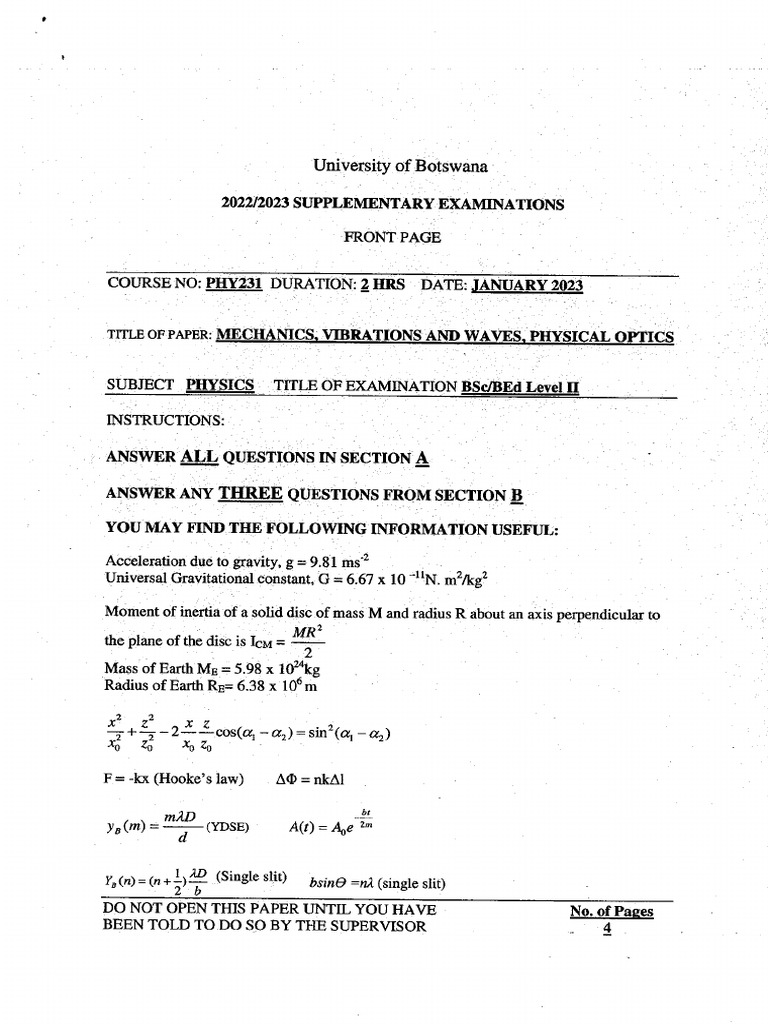PHY 231 2023 Exam With Solutions | PDF