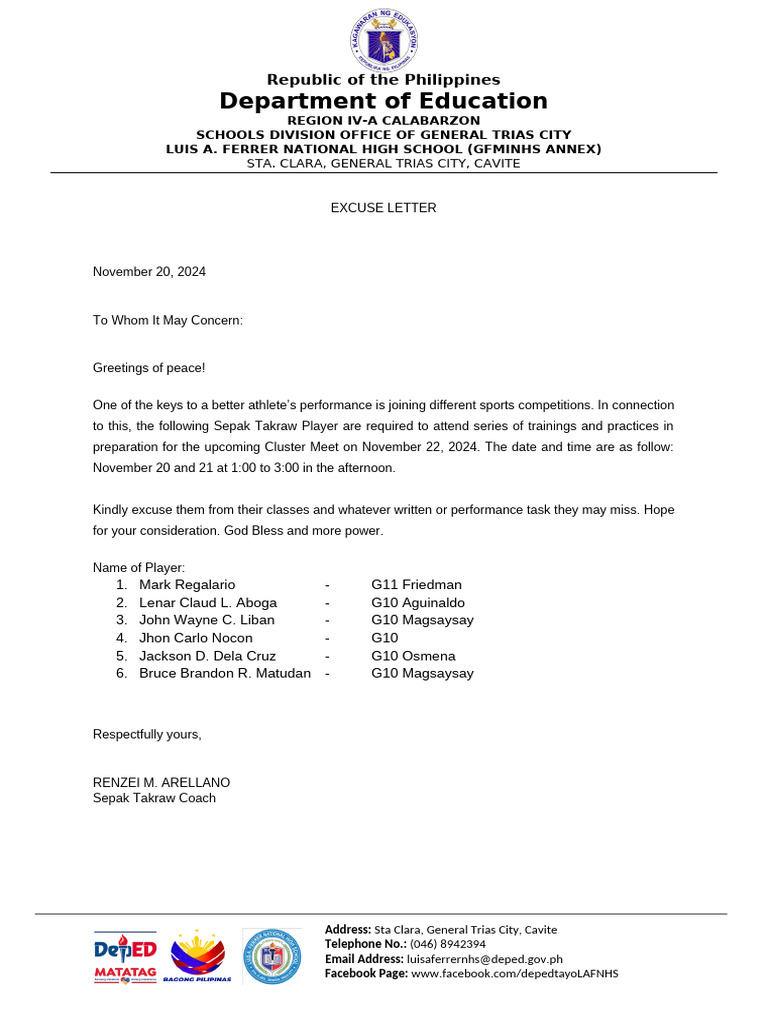 Excuse Letter for Sepak Takraw Training | PDF