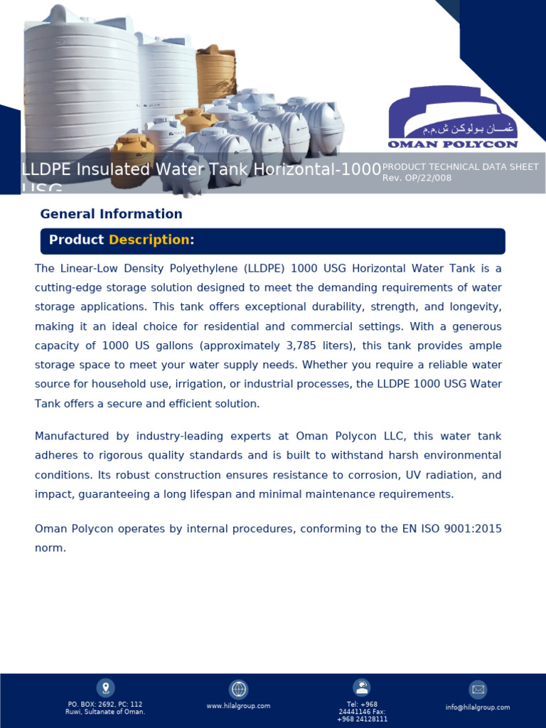Datasheet - 1000 USG LLDPE Insulated Water Tank-Horizontal | PDF ...
