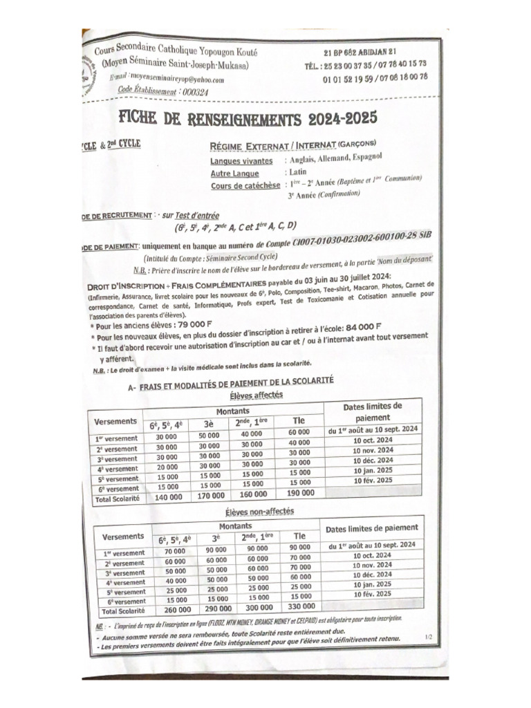 Cours Secondaire Catholique Yopougon Kouté | PDF