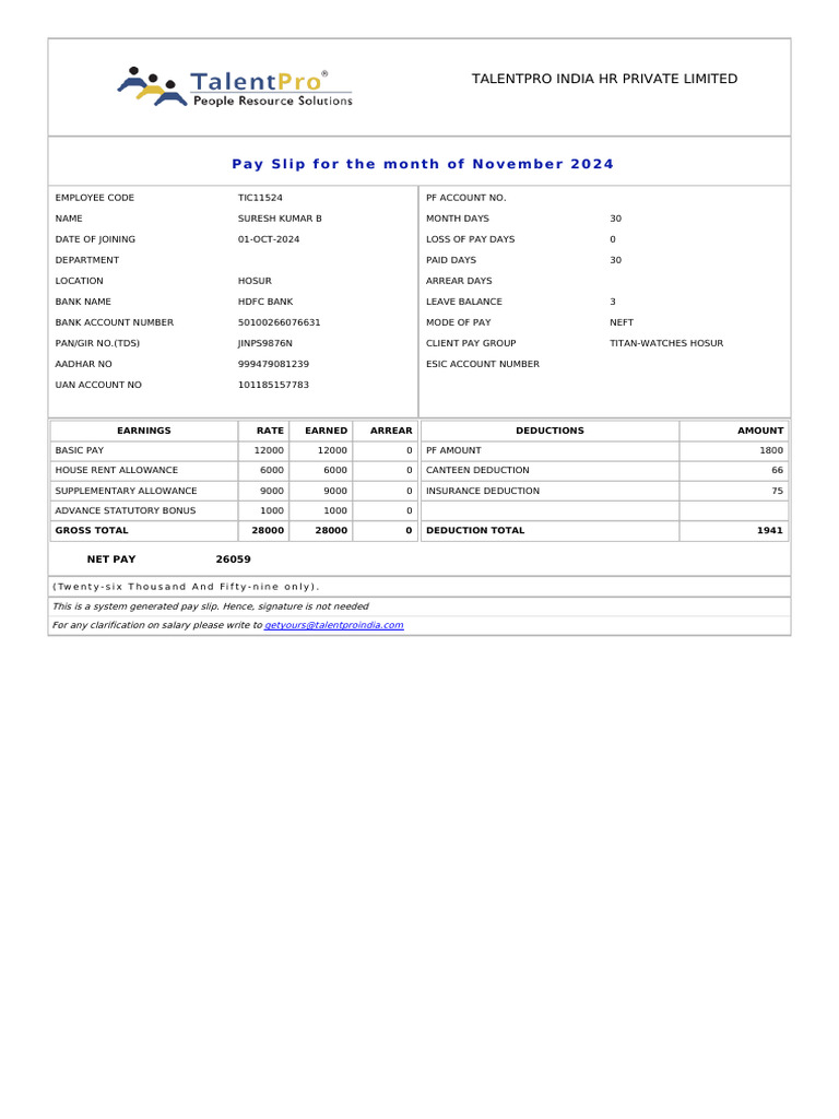 TIC11524 SURESH KUMAR B November 2024 Epayslip | PDF | Taxation | Employment Compensation
