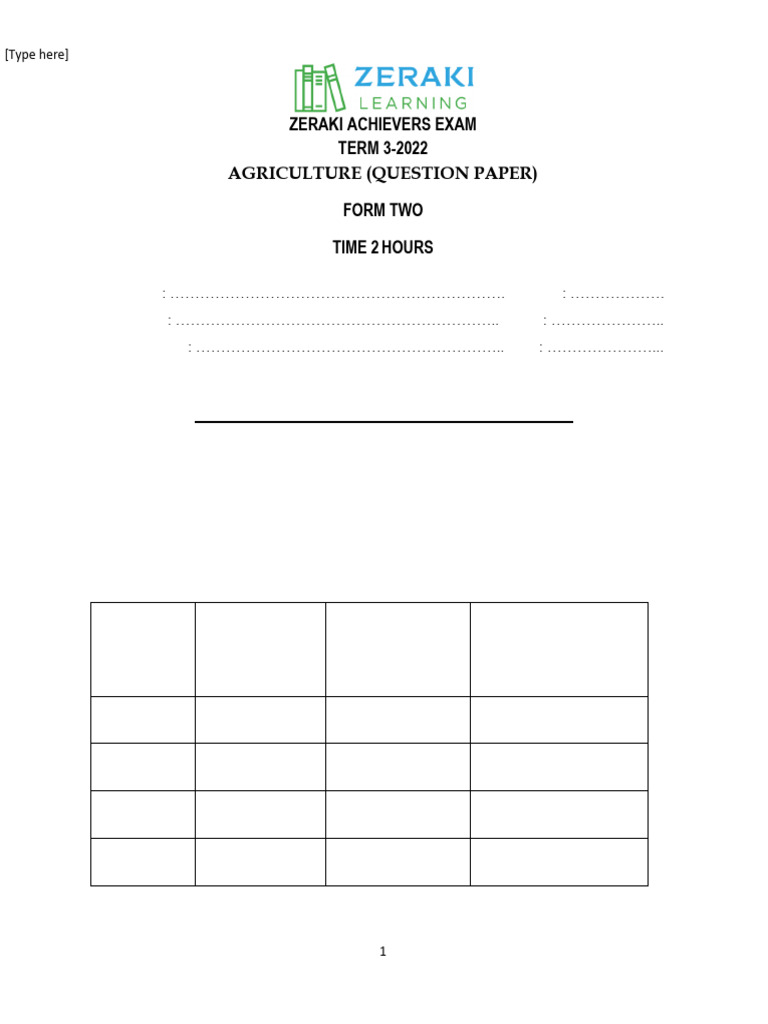 Zeraki Form 2 Agriculture Exam Term 3 | PDF | Agriculture | Botany