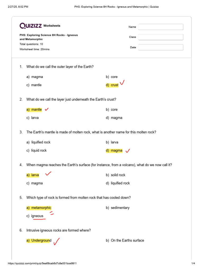 PHS - Exploring Science 8H Rocks - Igneous and Metamorphic - Quizizz ...