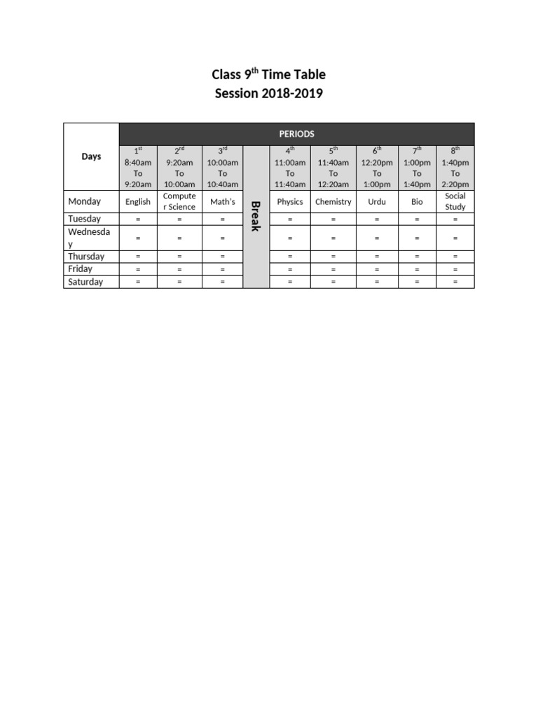 Class 9 Timetable 2018-2019 | PDF