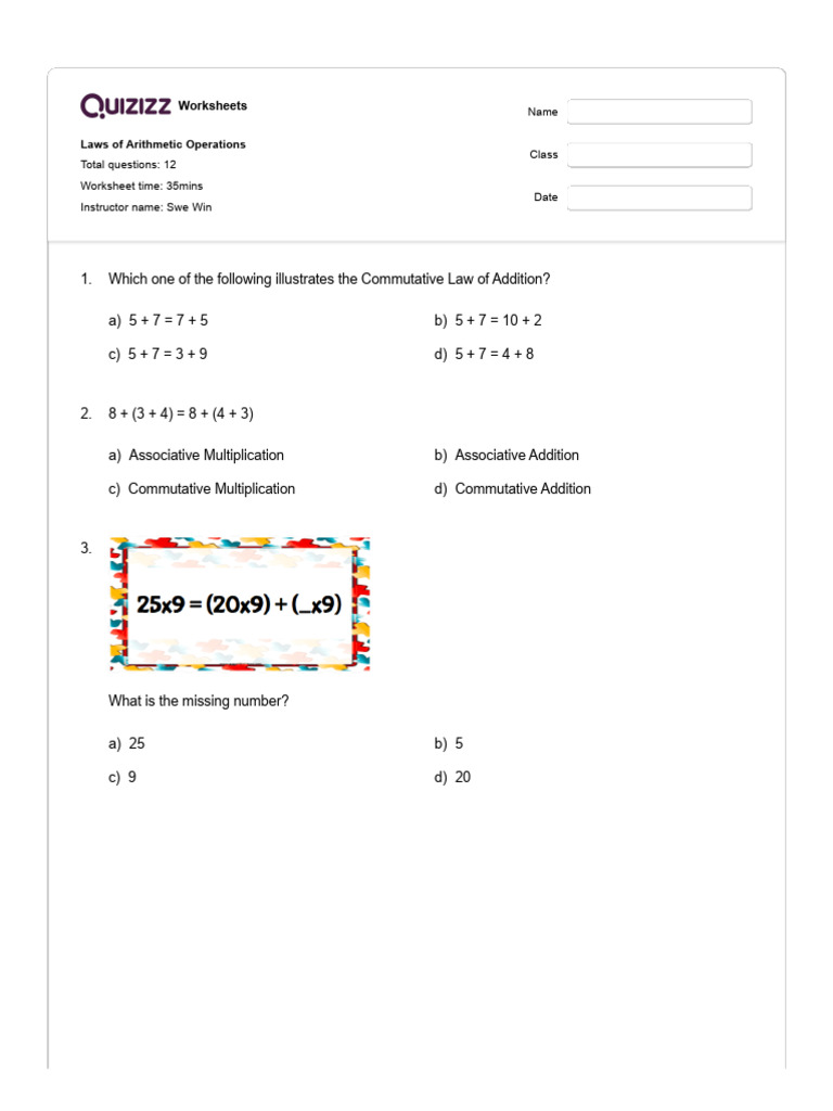 Laws of Arithmetic Operations - Quizizz | PDF