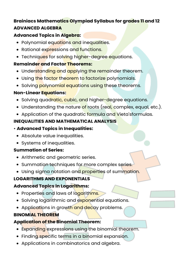 Brainiacs Math Olympiad Syllabus For Grades 11-12 | PDF