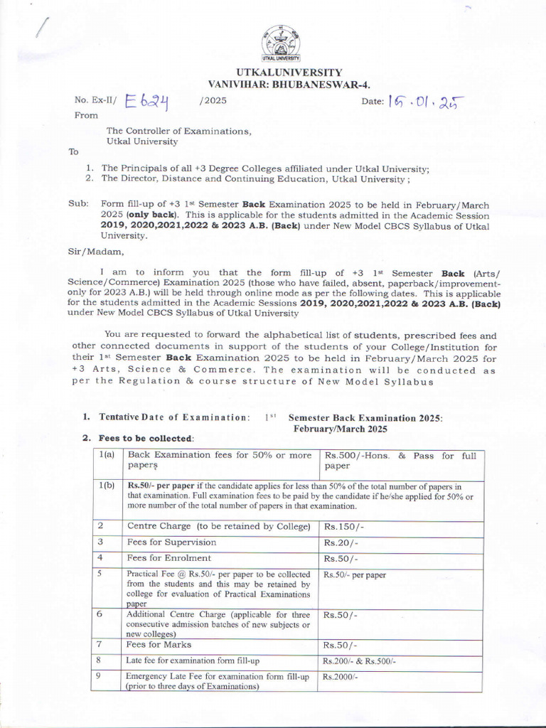1st Sem - Back Form Fill-Up-2025 | PDF