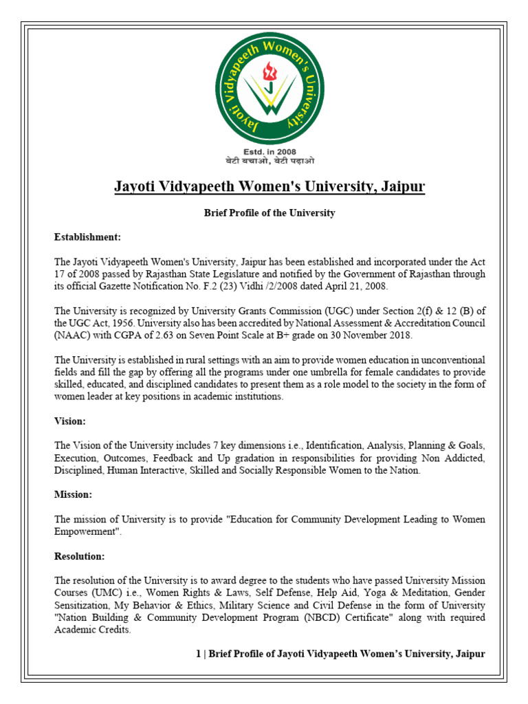 Jayoti Vidyapeeth Women's University Brief Profile | PDF | Startup ...