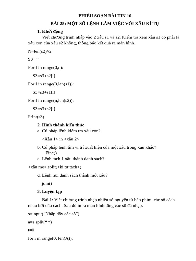 PHIEU SOAN BAI - BAI 25 - MOT SO LENH LAM VIEC VOI XAU KI TU | PDF