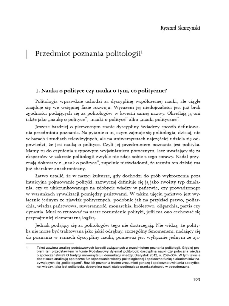 R Skarzynski Przedmiot Poznania Politologii | PDF