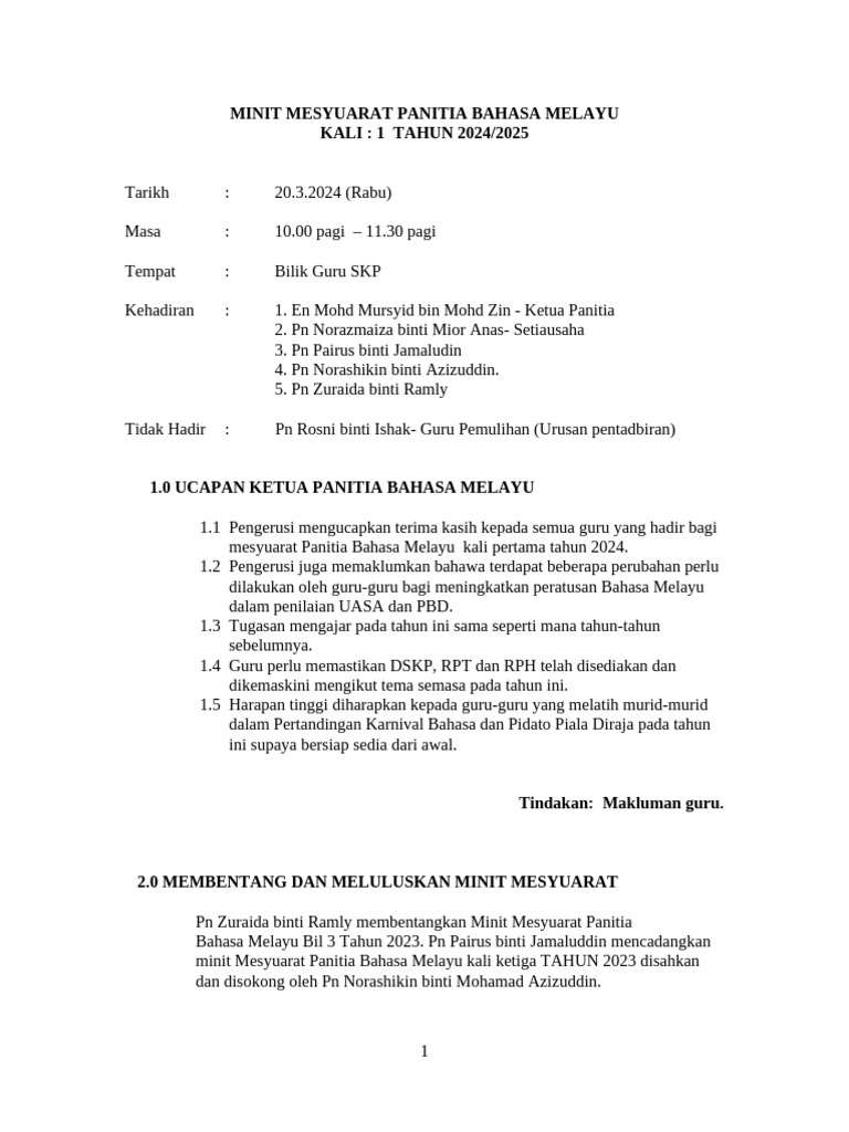 Minit Mesyuarat Panitia (BM) | PDF