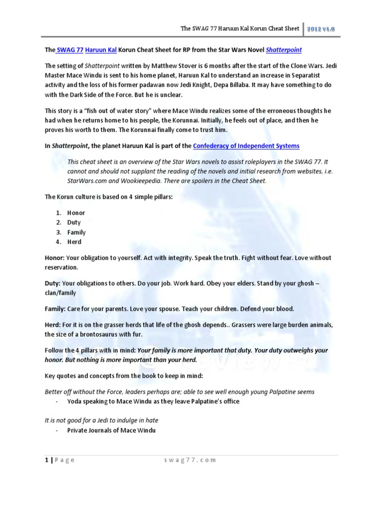 The SWAG77 Haruun Kal Korun Cheat Sheet | PDF | Jedi | Star Wars