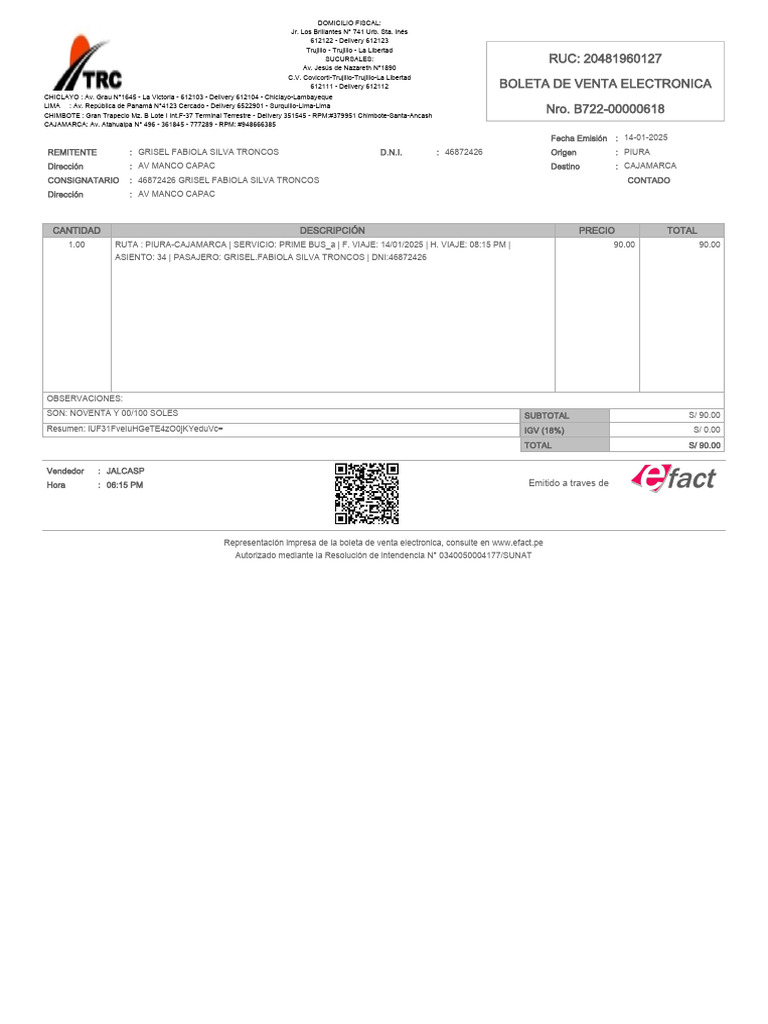 RUC: 20481960127 Boleta de Venta Electronica Nro. B722-00000618 | PDF