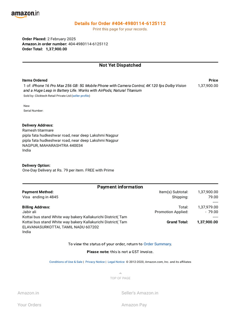 Amazon Order Summary for iPhone 16 Pro Max | PDF | Tablet Computer ...