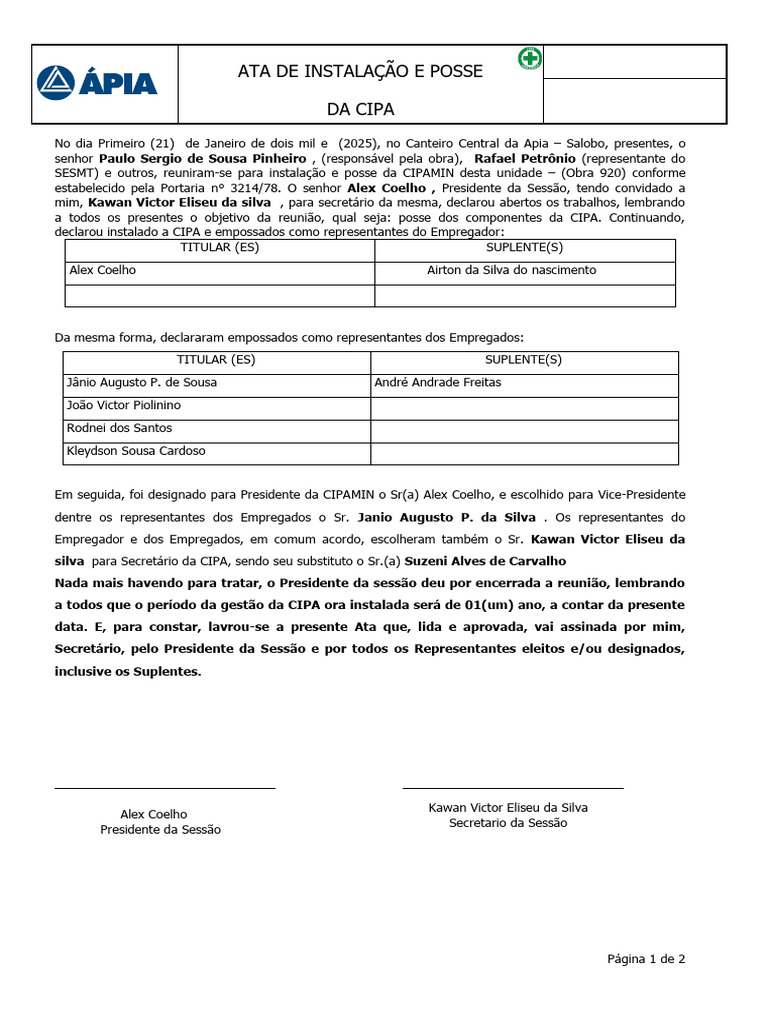 RGE-002-015-Ata de Instalação e Posse Da CIPA-Rev-02 | PDF | Brasil