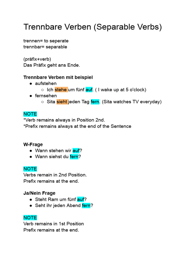 Trennbare Verben (Separable Verbs) | PDF