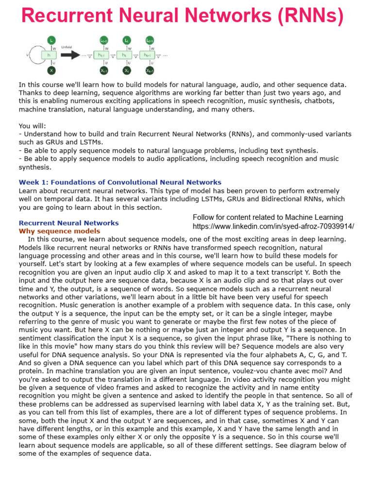 Recurrent Neural Networks Rnn Course 5 Sequence Models Pdf