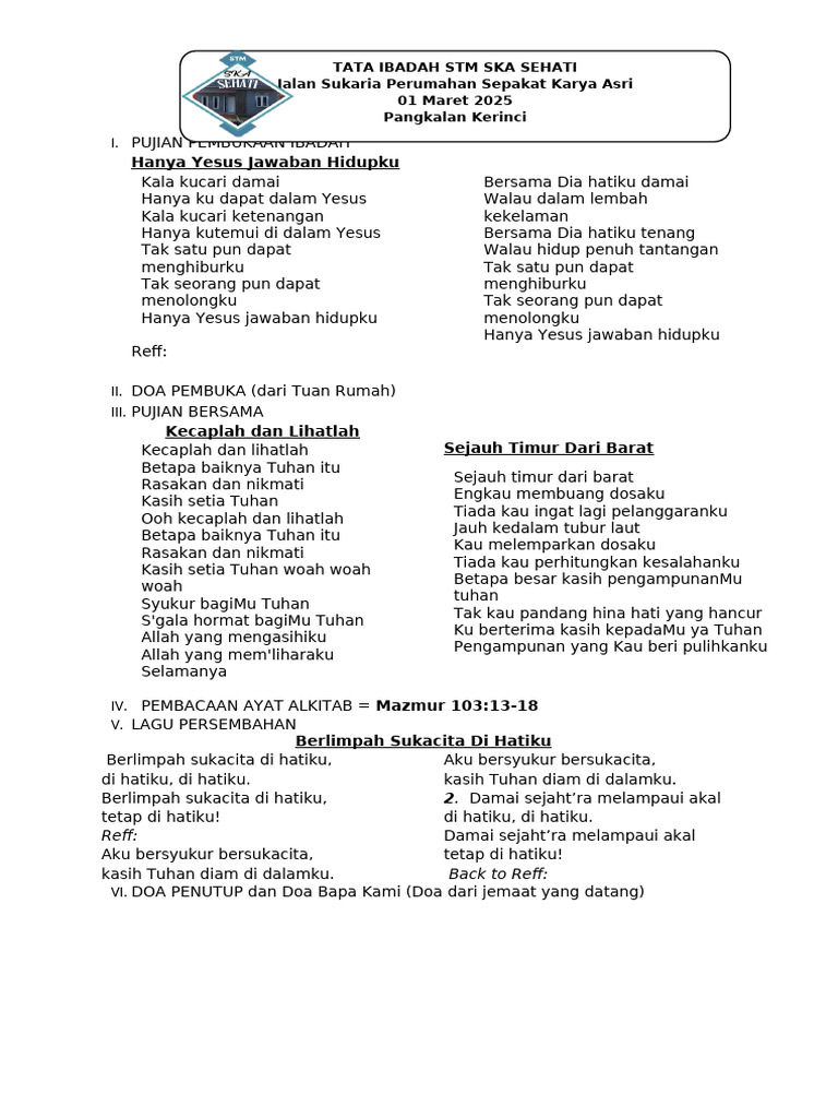 Tata Ibadah STM Ska Sehati Bulan Maret | PDF