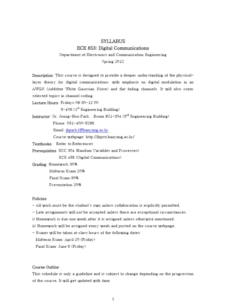 Syllabus ECE 853: Digital Communications: Jhpark1@hanyang - Ac.kr | PDF ...