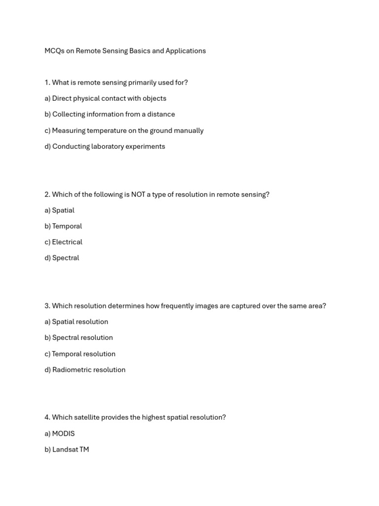 MCQs on Remote Sensing Basics and Applications1 | PDF | Remote Sensing ...