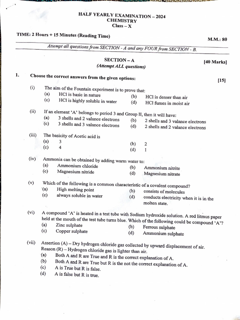 Class 10 Chemistry Half-Yearly Exam 2024 | PDF | Acid | Salt (Chemistry)