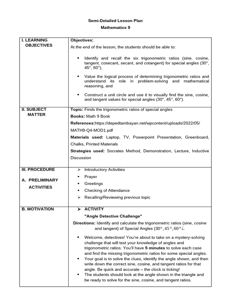 Trigonometric Ratios Lesson Plan for 9th Grade | PDF | Trigonometric ...