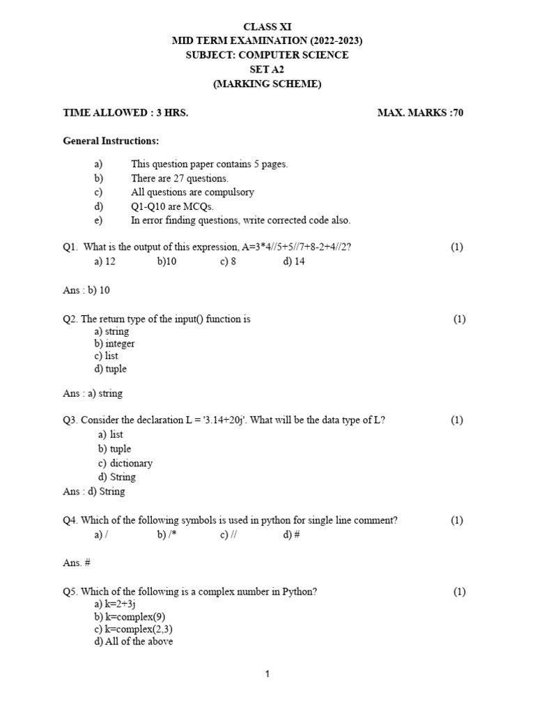 Computer ScienceA2 MID TERM 2022 23 MS | PDF | Data Type | Computer Data Storage