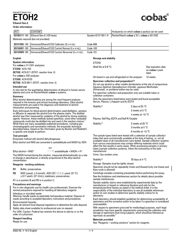 Ethanol Testing on cobas c Systems | PDF | Detection Limit | Ethanol