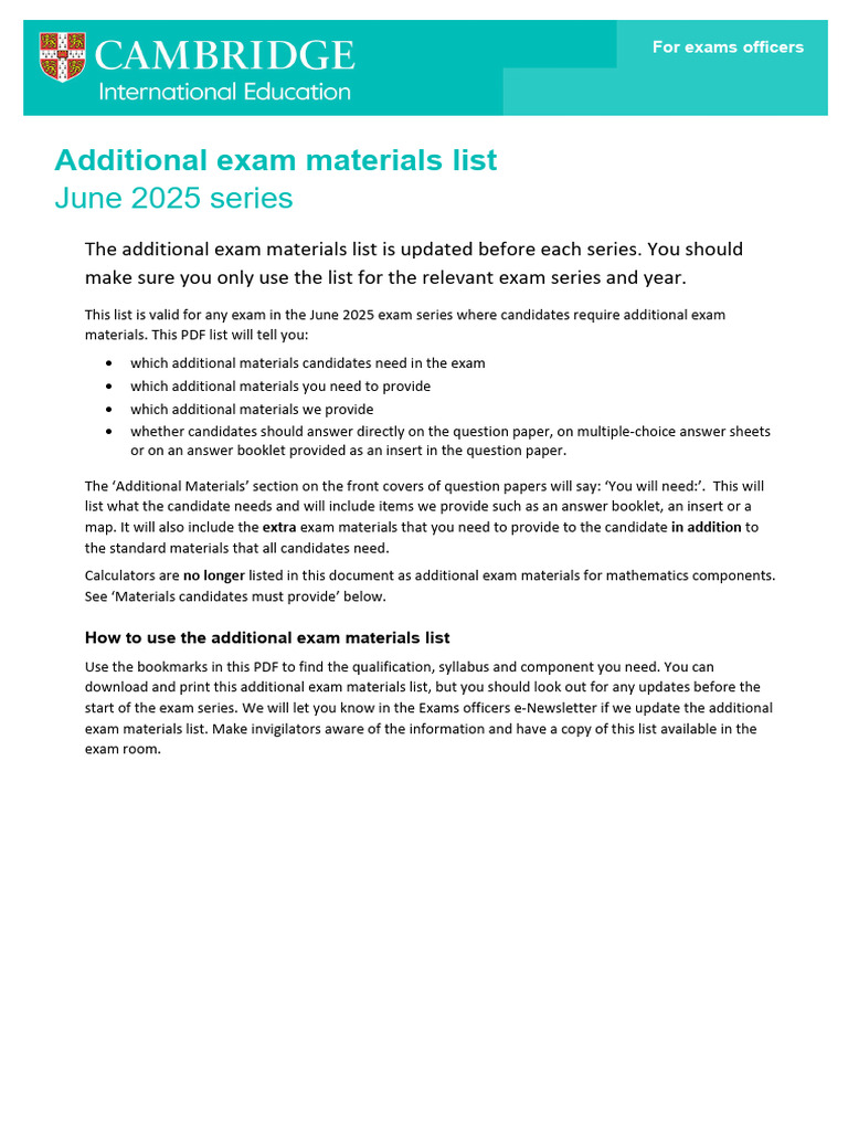 651593-additional-exams-material-list-international- | PDF | Pencil | Qualifications